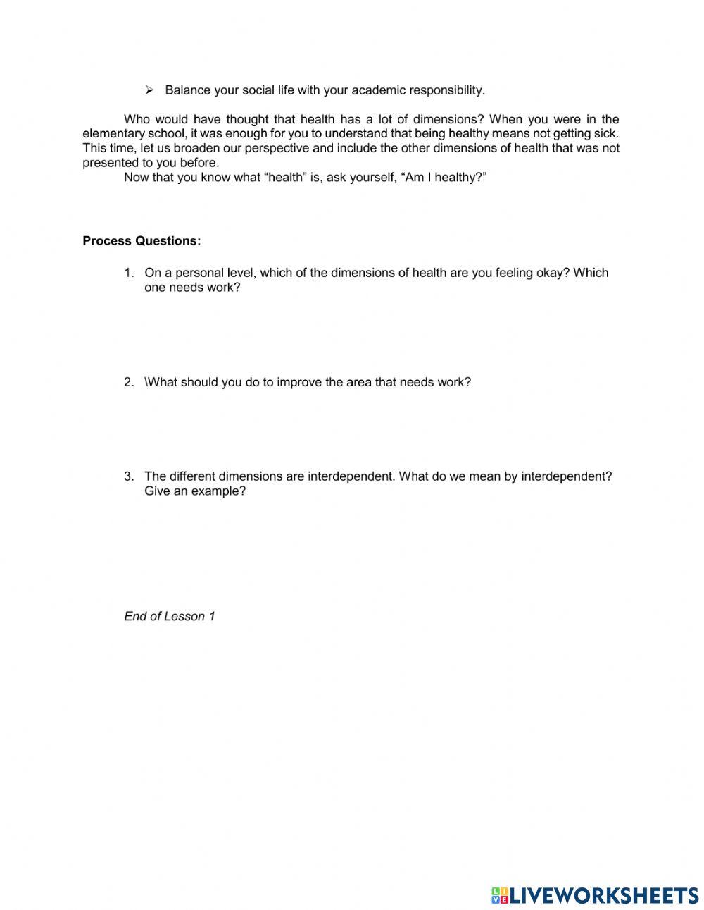 1Q HEALTH 7 LESSON 1: HOLISTIC HEALTH online exercise for | Live Worksheets