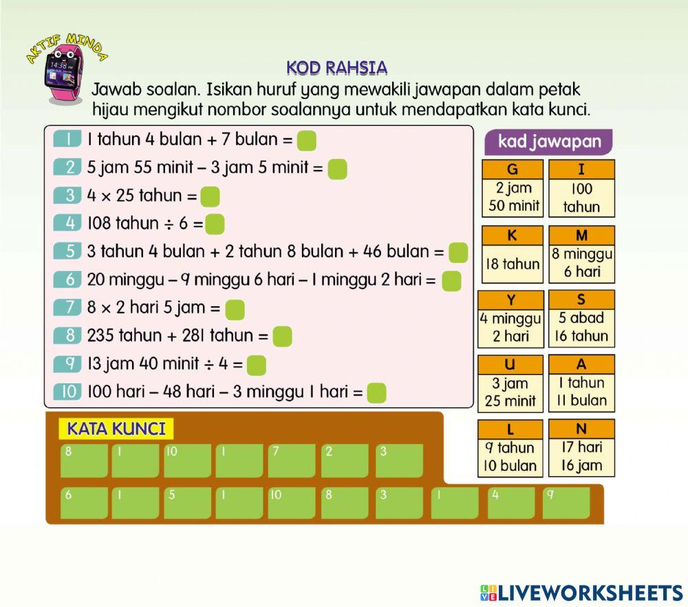 Kod Rahsia Masa dan Waktu Tahun 4 worksheet | Live Worksheets