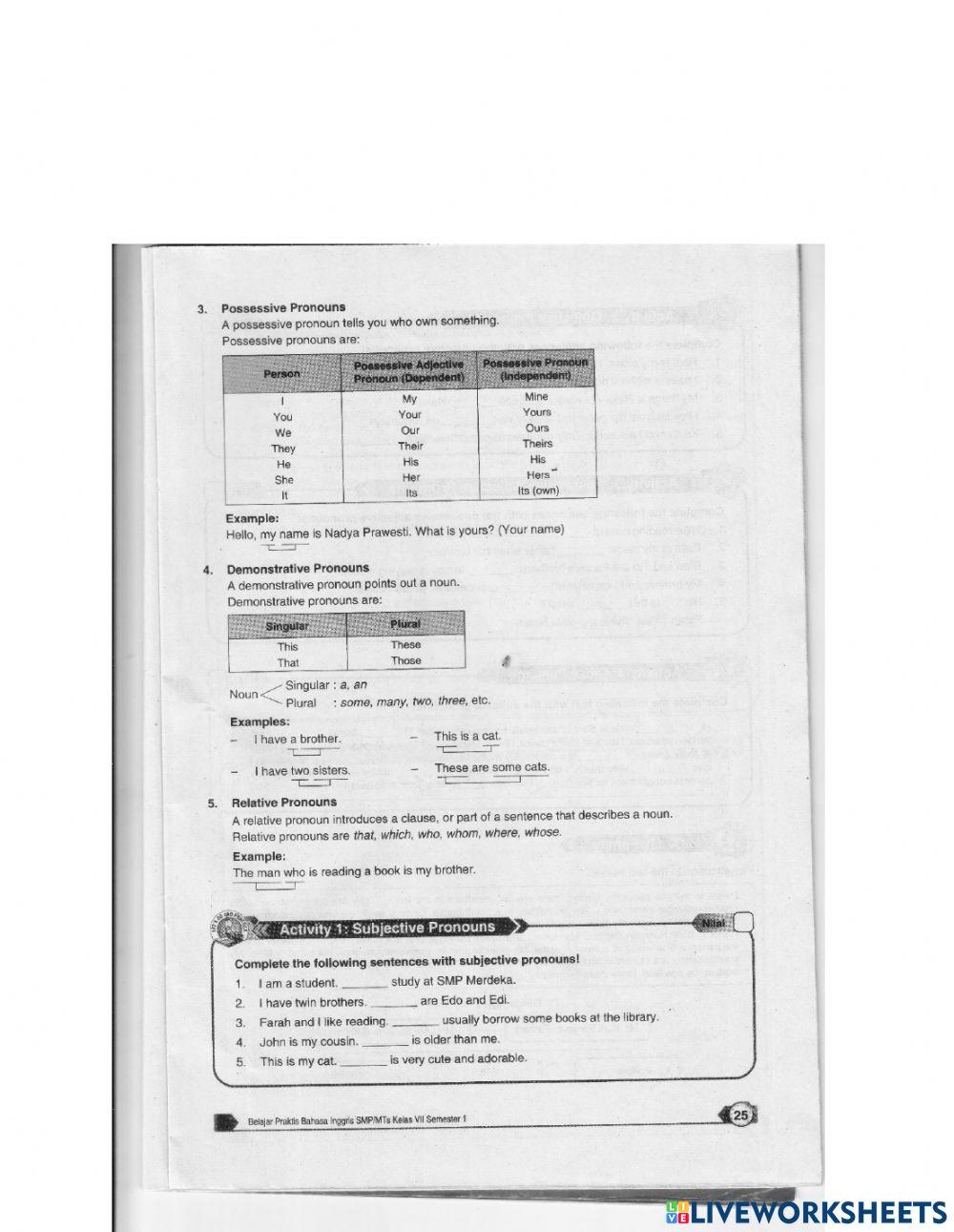 Pronoun online exercise for 7 Grade | Live Worksheets