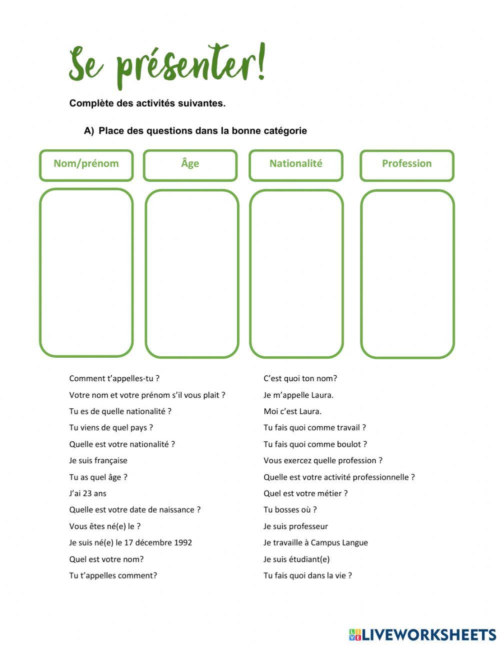 Se présenter (2) | Free Interactive Worksheets | 1267115