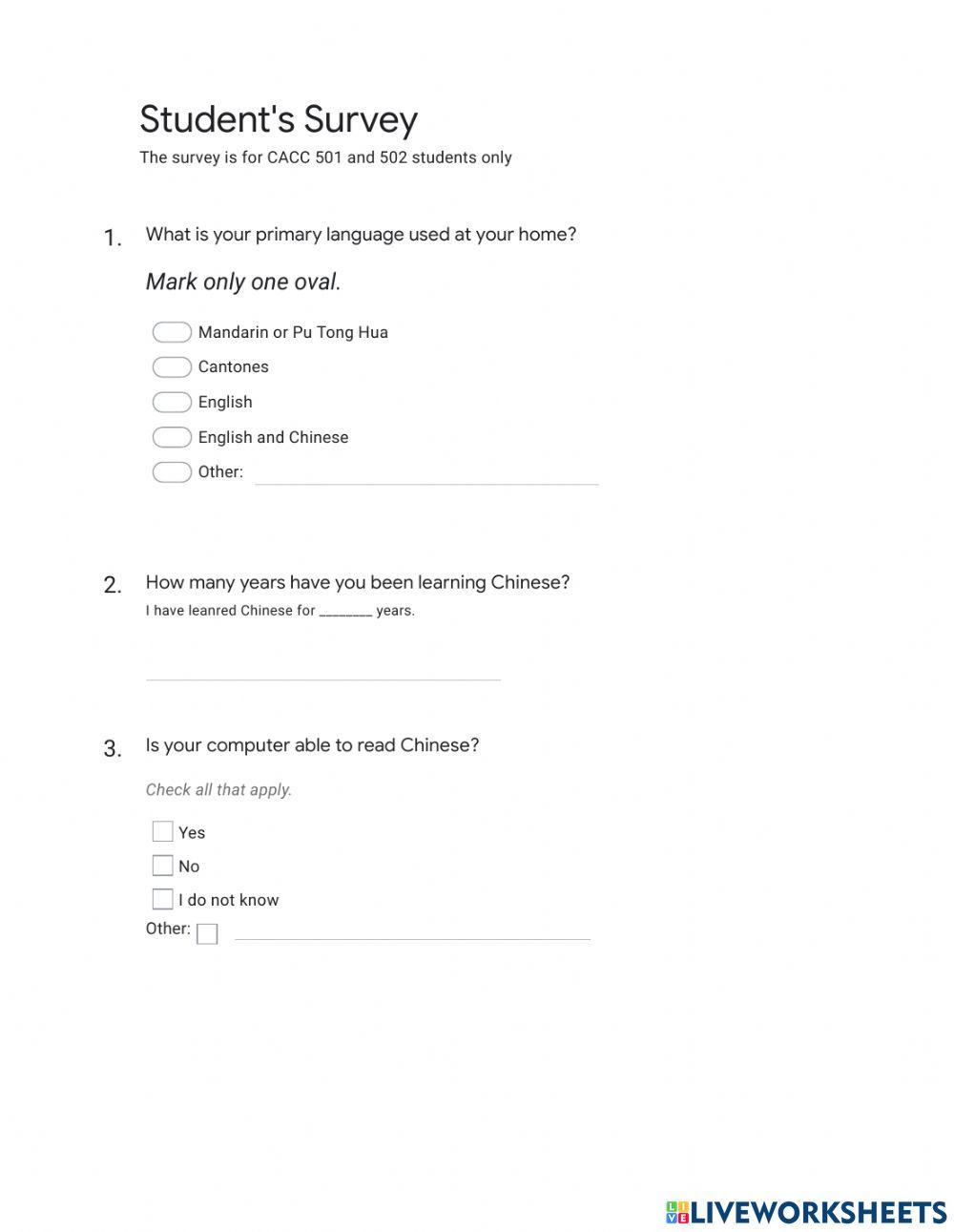 Students survey 08-21-2022 online exercise for | Live Worksheets