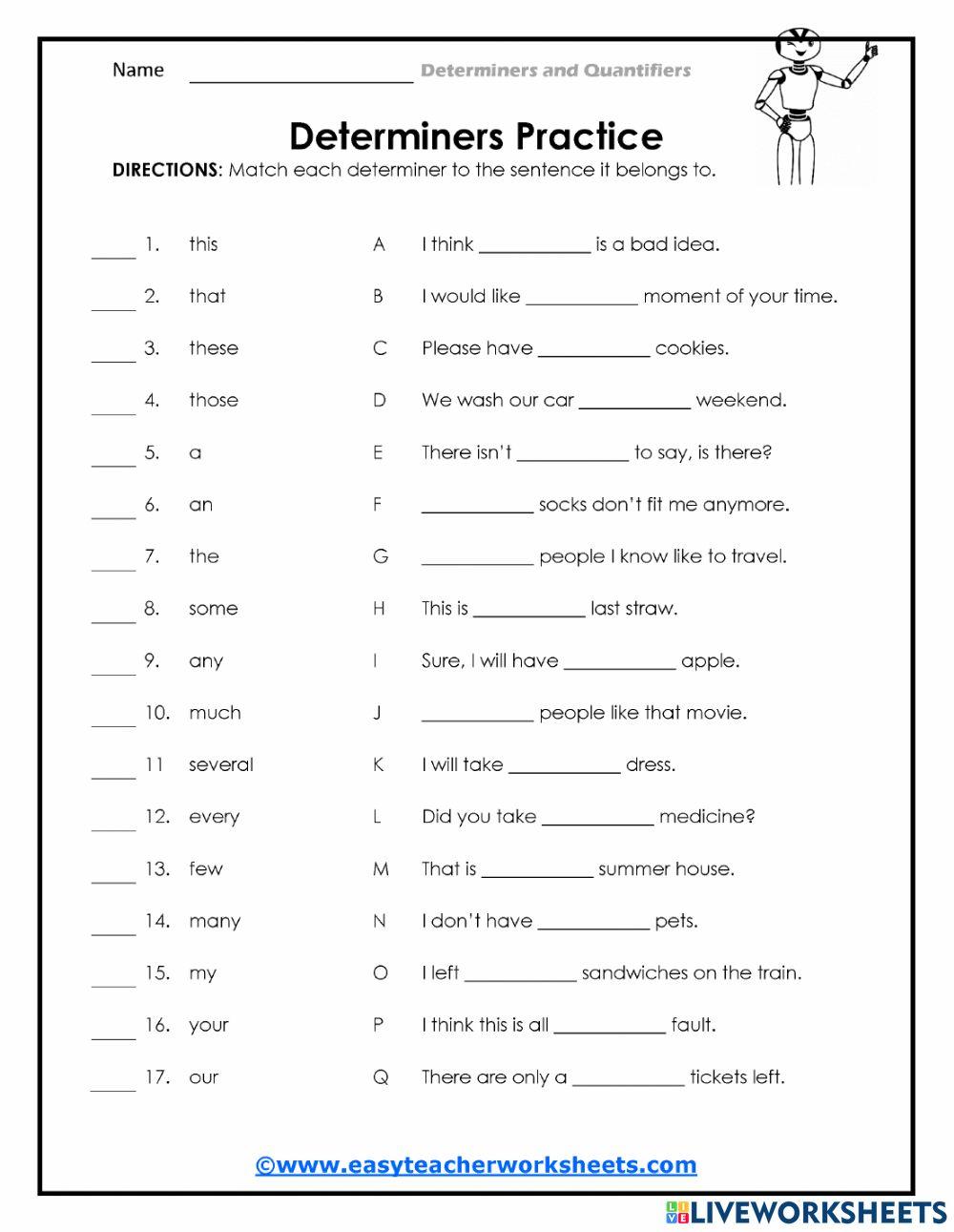 Determiners Pra… | Free Interactive Worksheets | 5127485