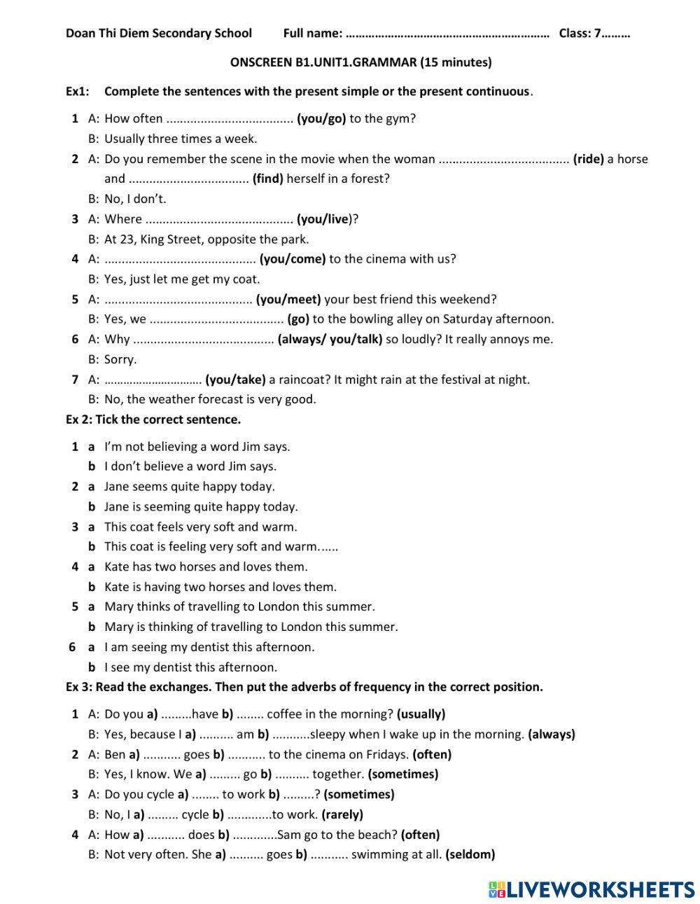 B1.Unit1.Grammar online exercise for | Live Worksheets