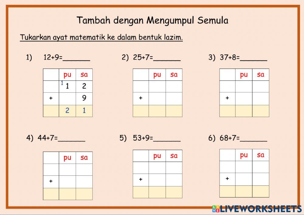 1267813 | Tambah Mengumpul Semula 2 Digit dengan 1 Digit.