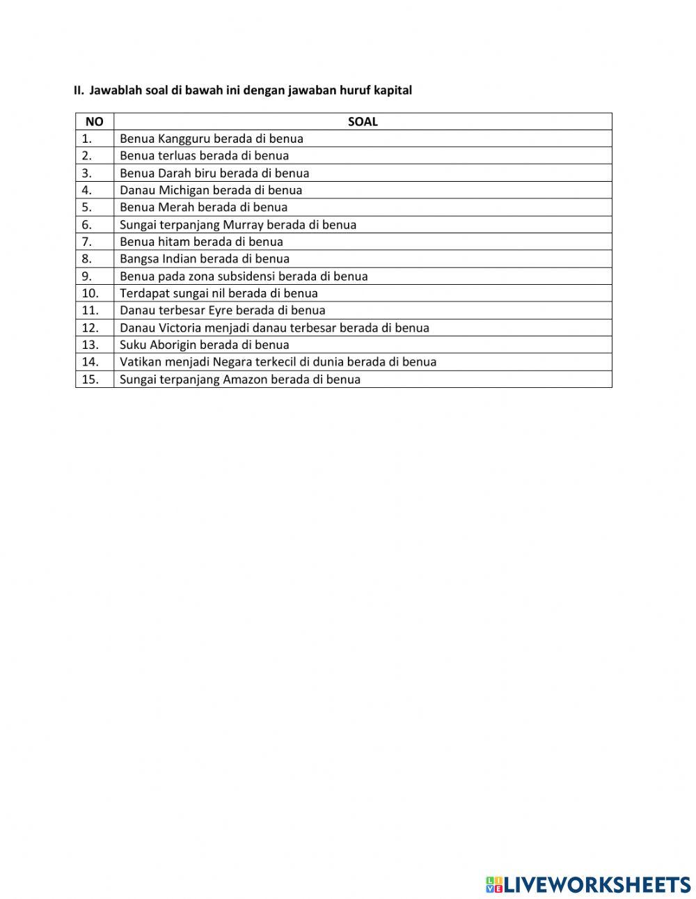 Menganalisis 5 Benua dan 5 Negara worksheet | Live Worksheets