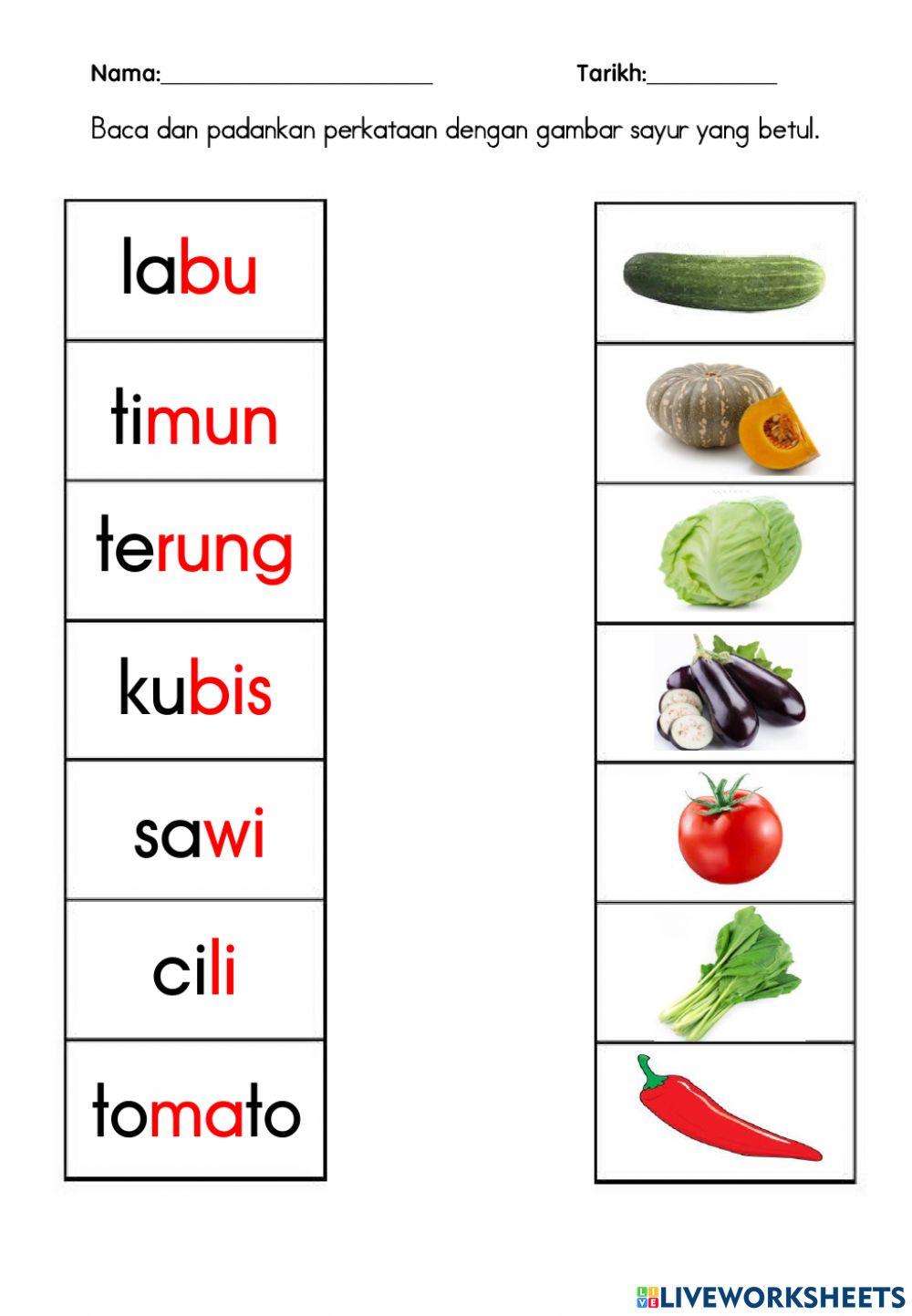 Mengenal sayur-sayuran worksheet | Live Worksheets