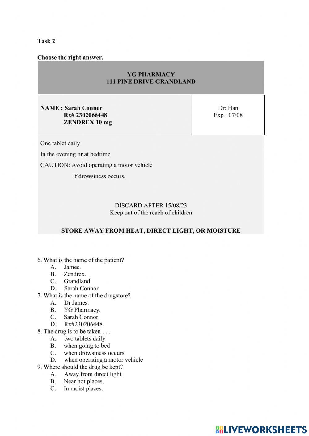 Evaluation of English Medicine Label Text worksheet | Live Worksheets