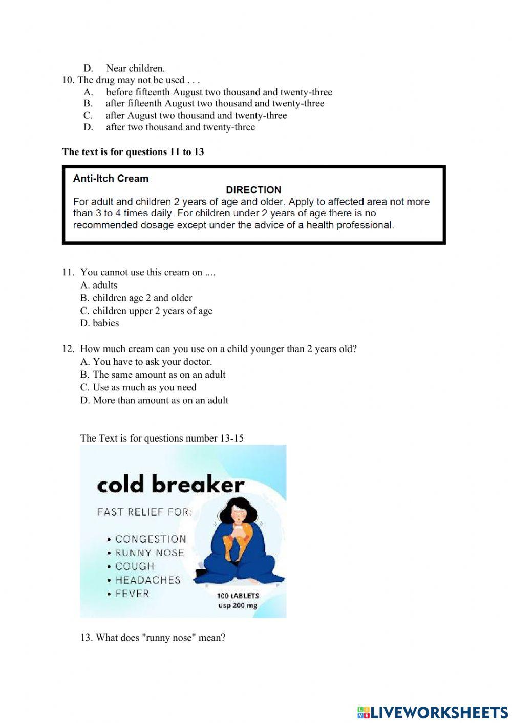 Evaluation of English Medicine Label Text worksheet | Live Worksheets