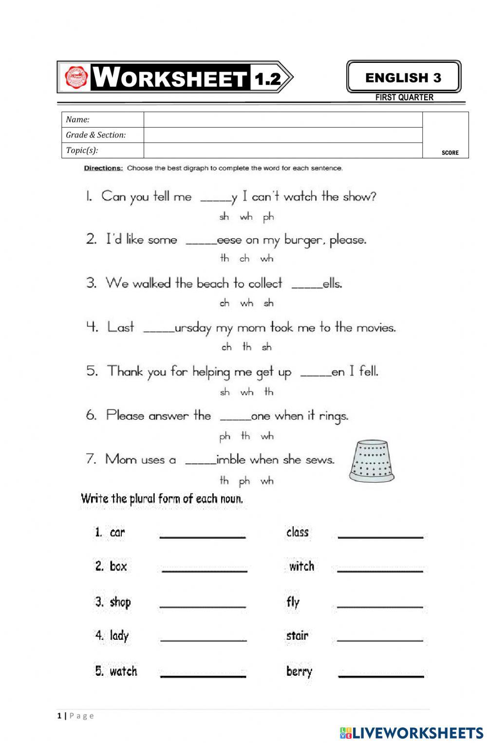 ENG.3-Worksheet 1.2 worksheet | Live Worksheets