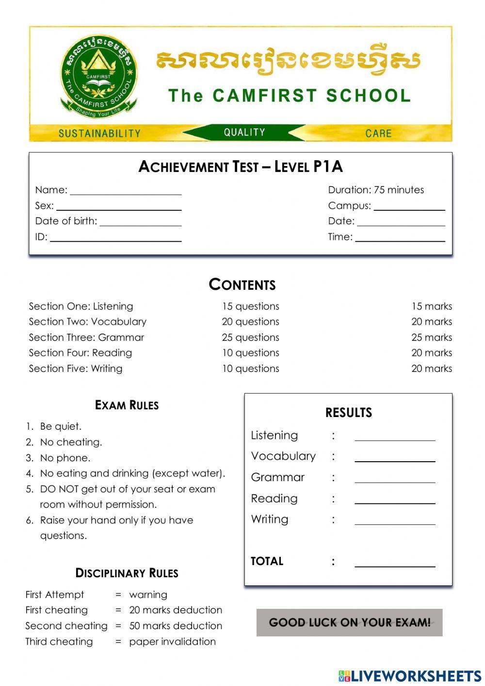 Quiz 1 activity for Elementary | Live Worksheets