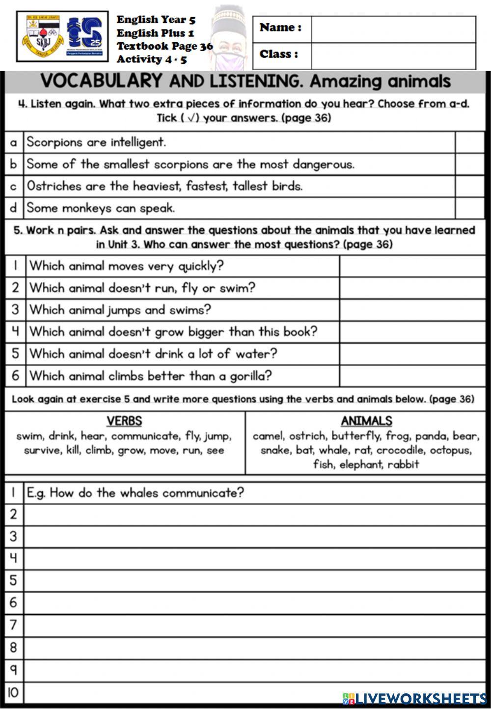 Live worksheet english plus 1 year 5 textbook page 36 ACTIVITY 4 & 5 ...