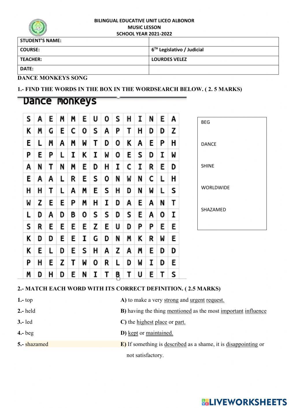 Dance Monkeys | Free Interactive Worksheets | 1269574