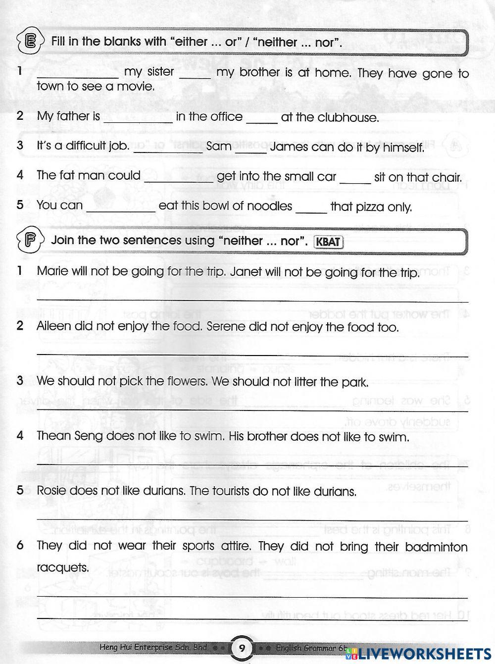 Grammar Conjunction : Neither... nor online exercise for | Live Worksheets