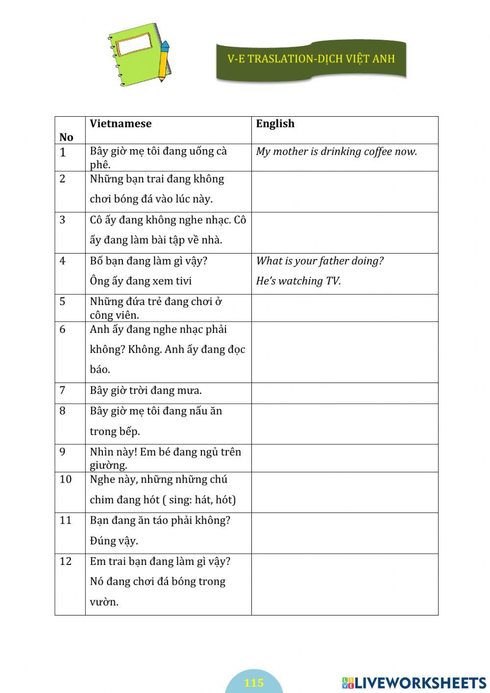 Present continuous translate worksheet | Live Worksheets