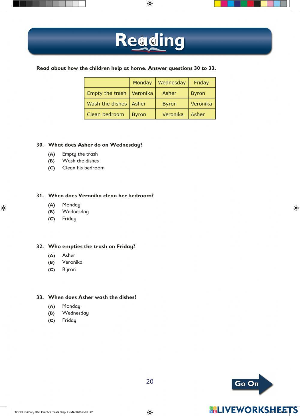 TOEFL PRIMARY STEP 1 READING PART 2-4 online exercise for | Live Worksheets
