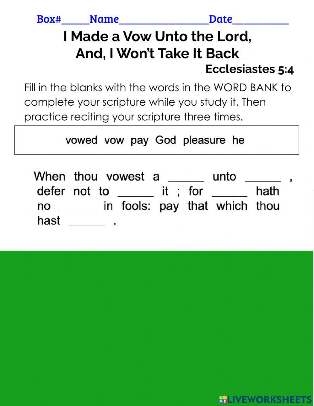 I Made A Vow Unto The Lord- And, I Won't Take It Back worksheet | Live ...