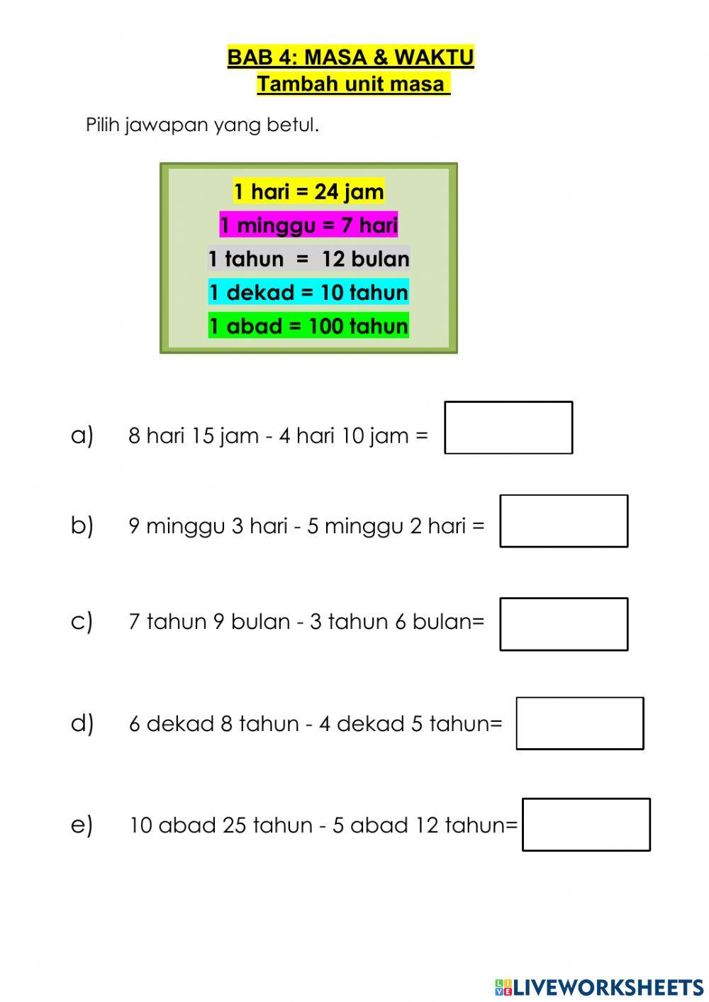 Masa & Waktu free online exercise | Live Worksheets