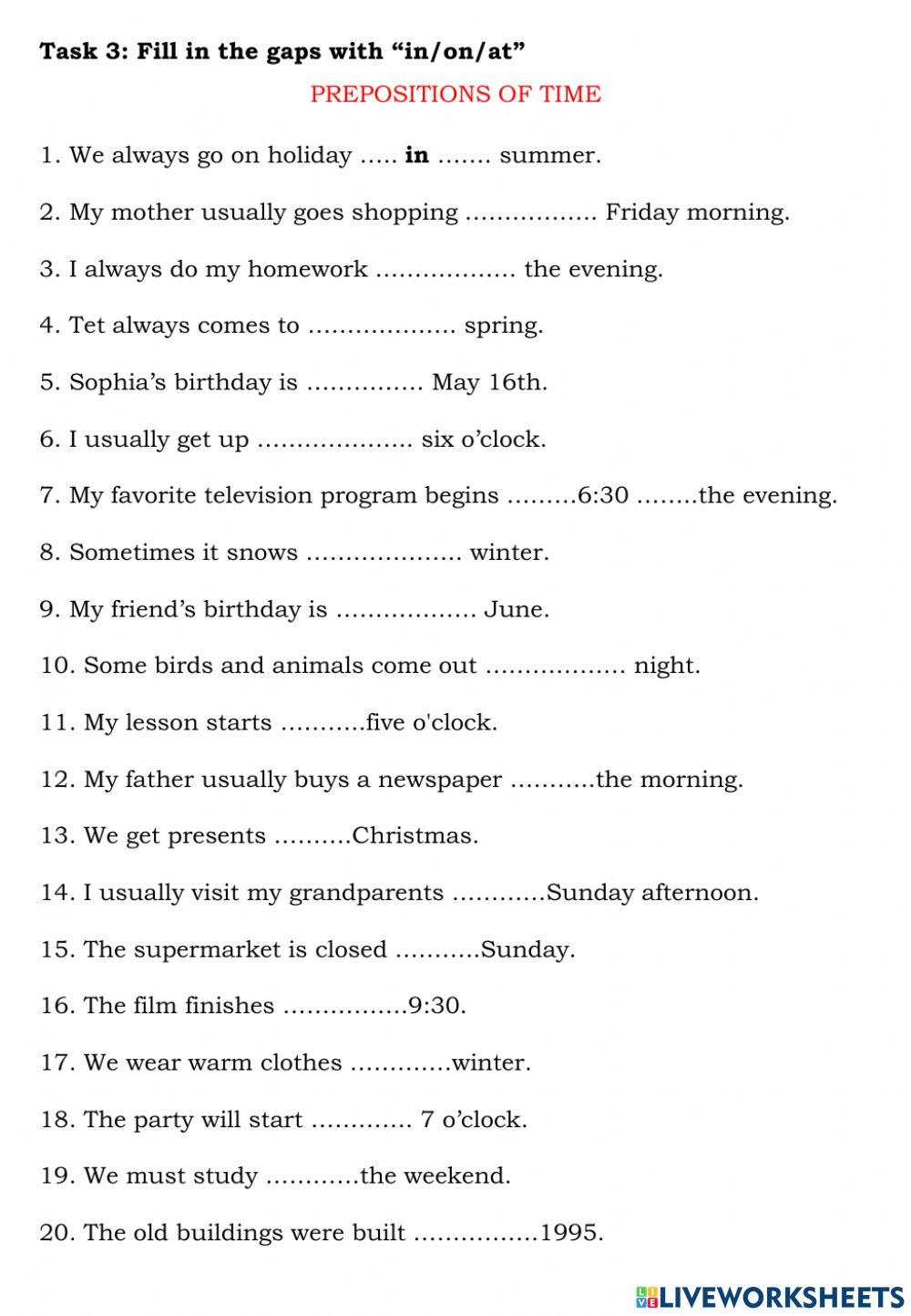 prepositions of time online exercise for | Live Worksheets