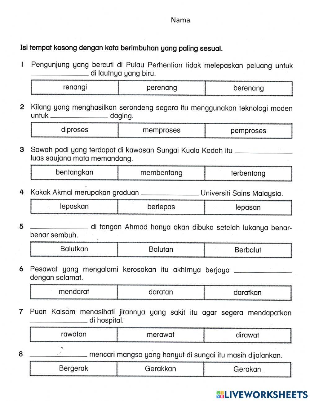 Kata Berimbuhan free online activity | Live Worksheets