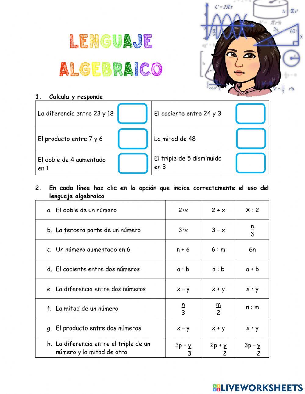 1271964 | Lenguaje algebraico | VANESSA | LiveWorksheets