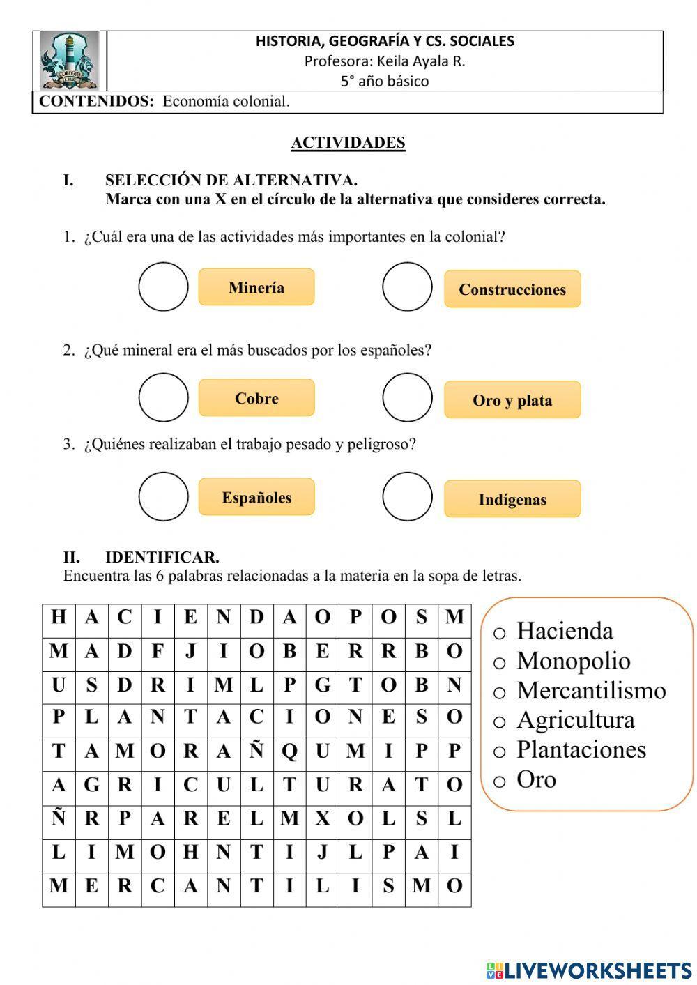 Economía coloni… | Free Interactive Worksheets | 1272140