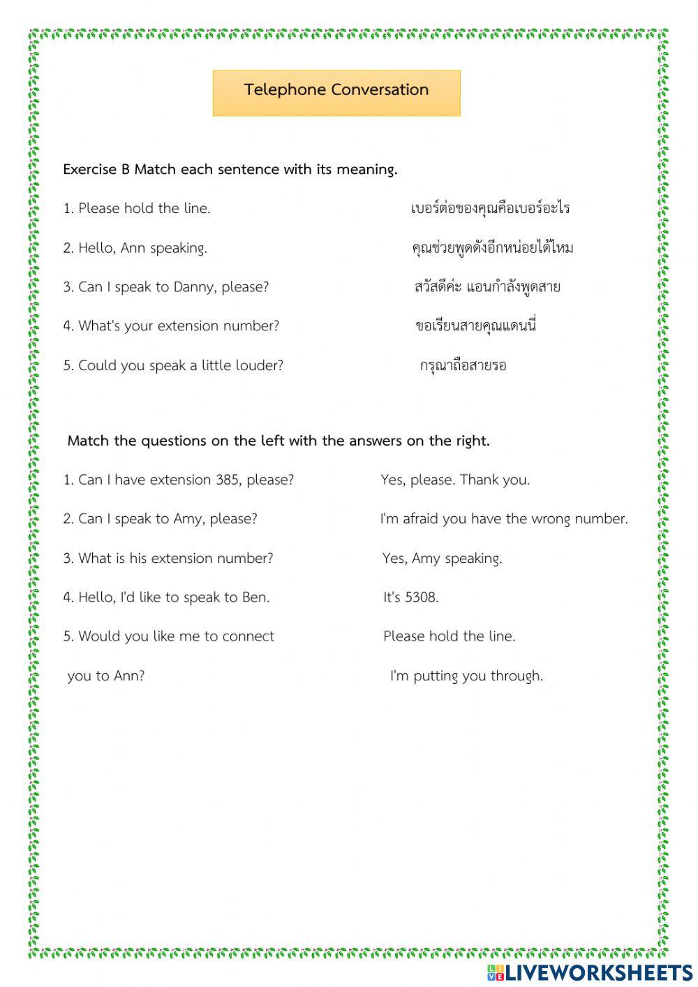Telephone conversation online worksheet | Live Worksheets