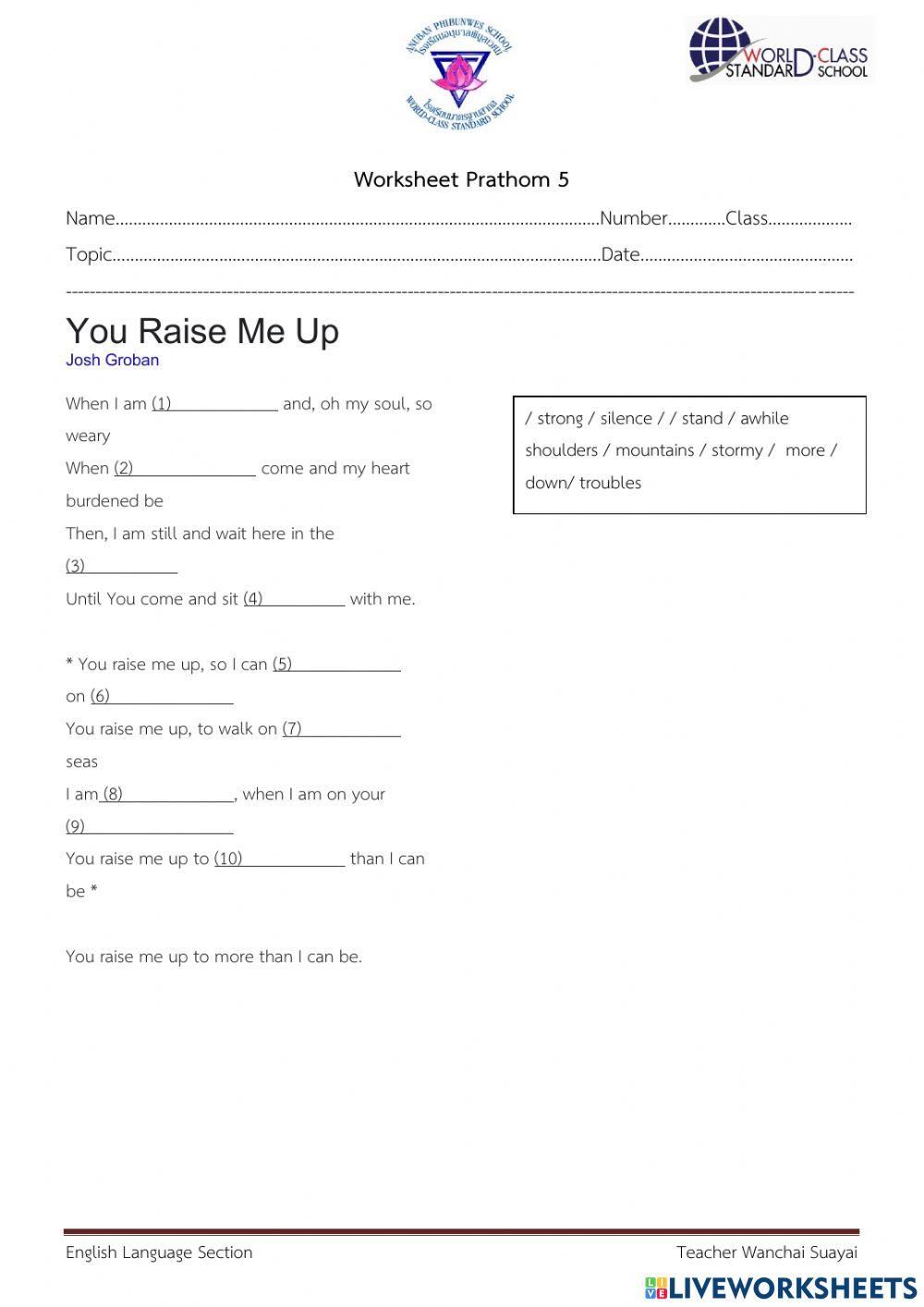 You raise me up interactive worksheet | Live Worksheets
