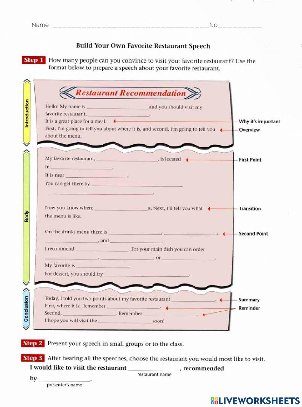 Restuarant recommended worksheet | Live Worksheets