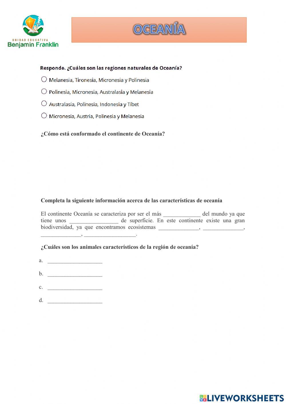 Oceanía interactive activity | Live Worksheets