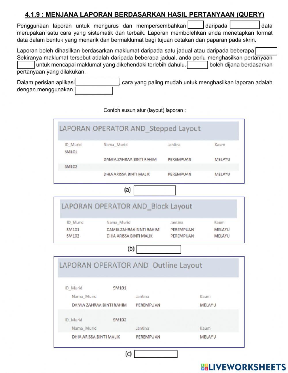 Pangkalan data online worksheet | Live Worksheets