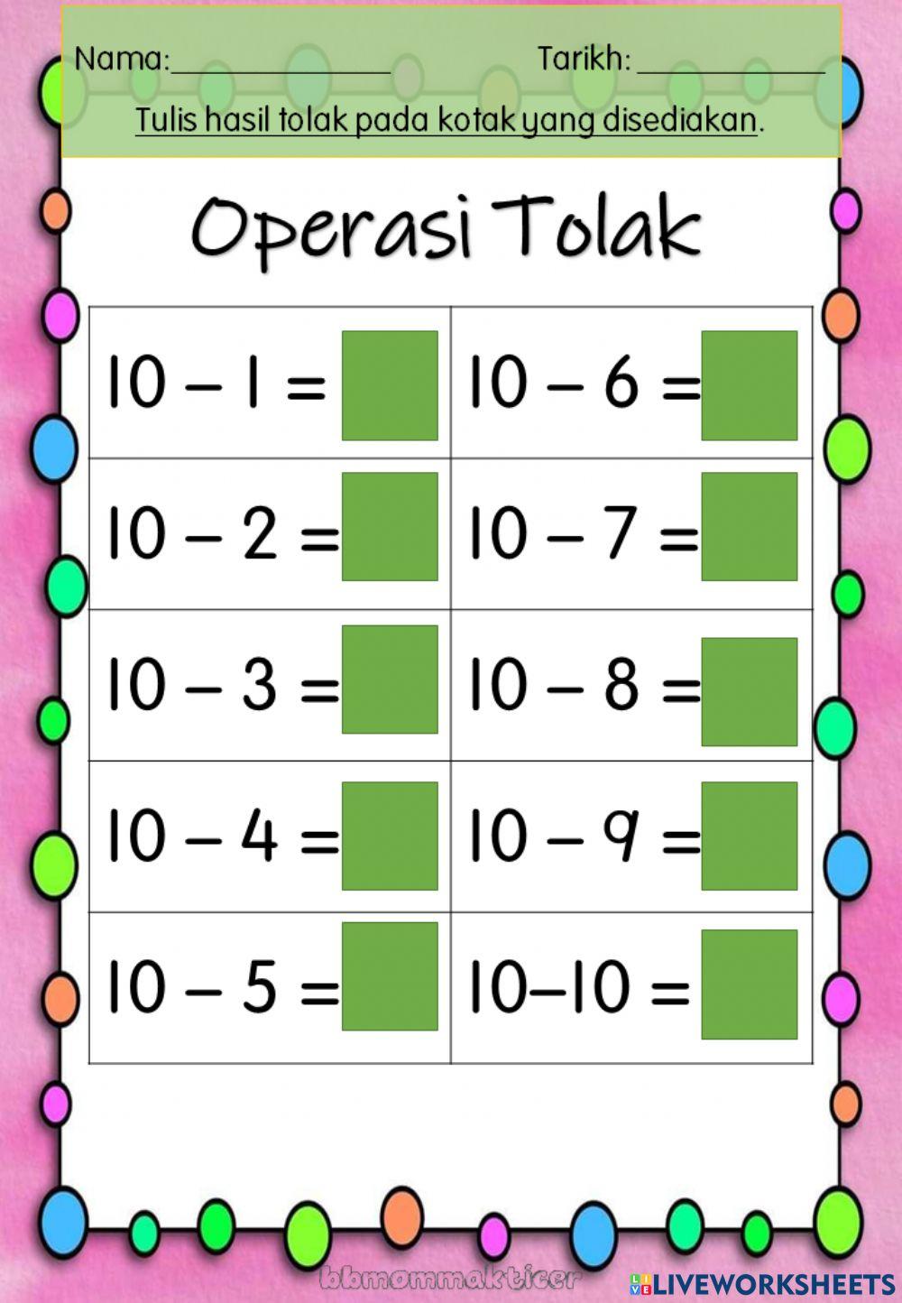 Operasi Tolak exercise | Live Worksheets