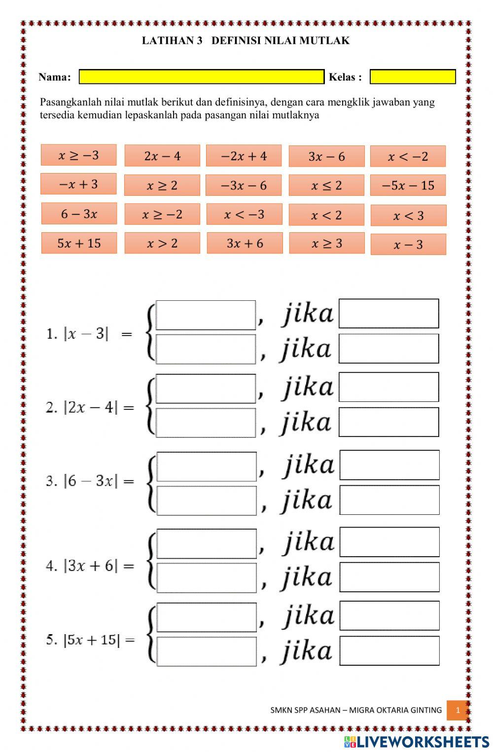 Definisi Nilai Mutlak - Latihan 3 worksheet | Live Worksheets