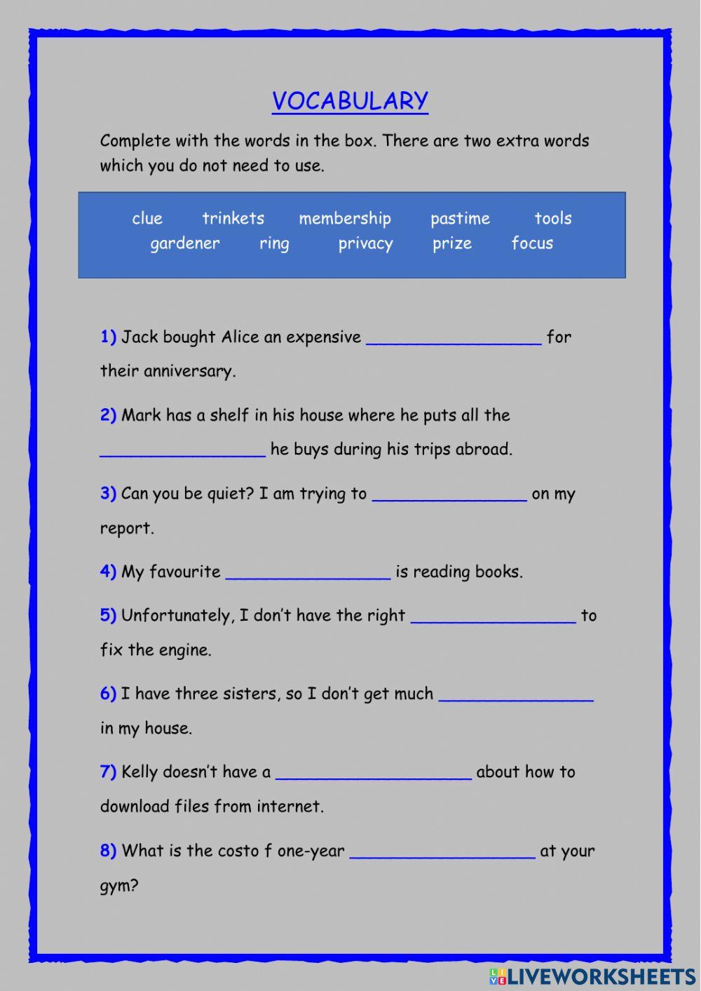 Vocabulary online exercise for high intermediate | Live Worksheets