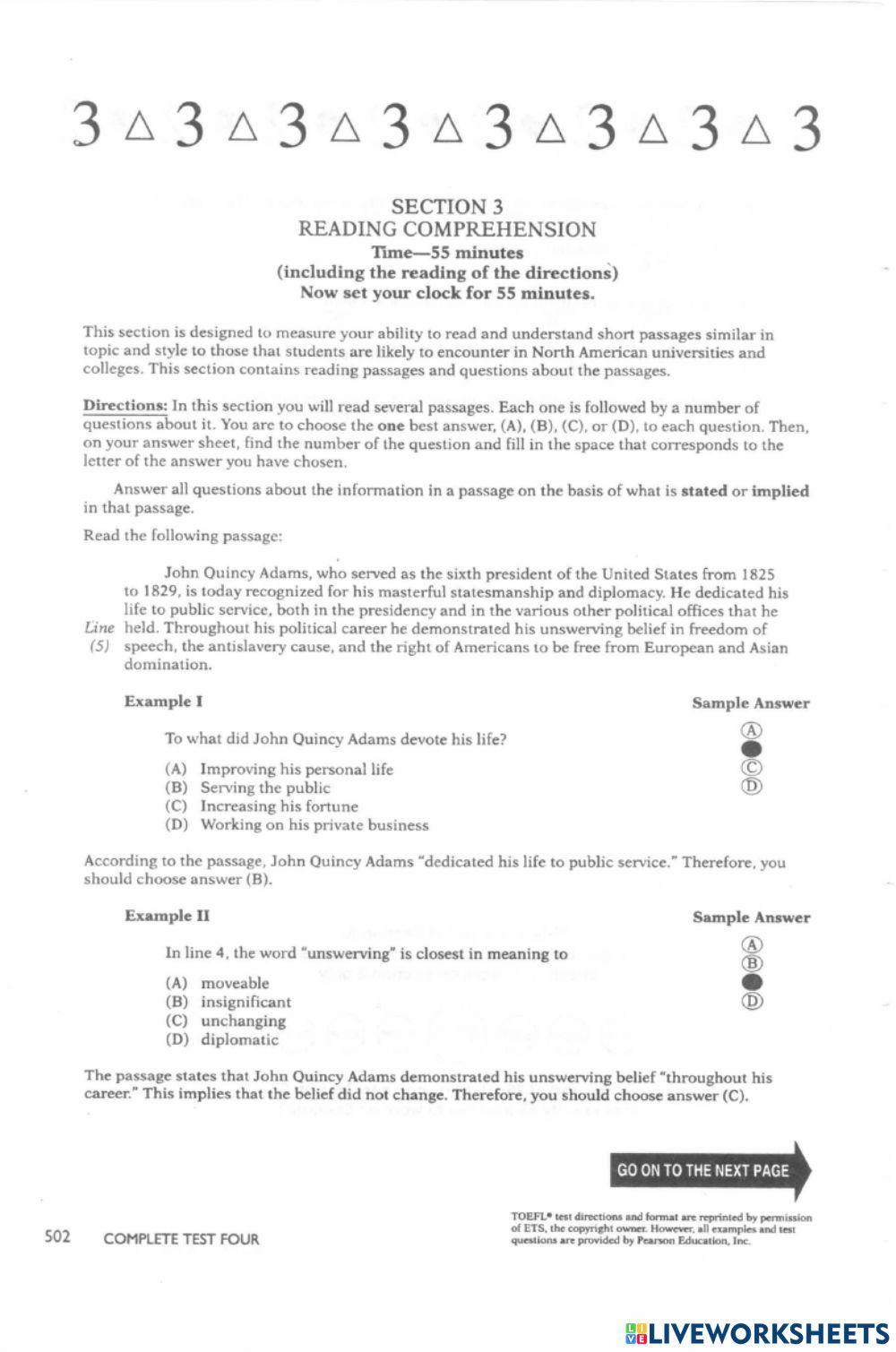 TOEFL-UNIT 3- READING SECTION online exercise for | Live Worksheets