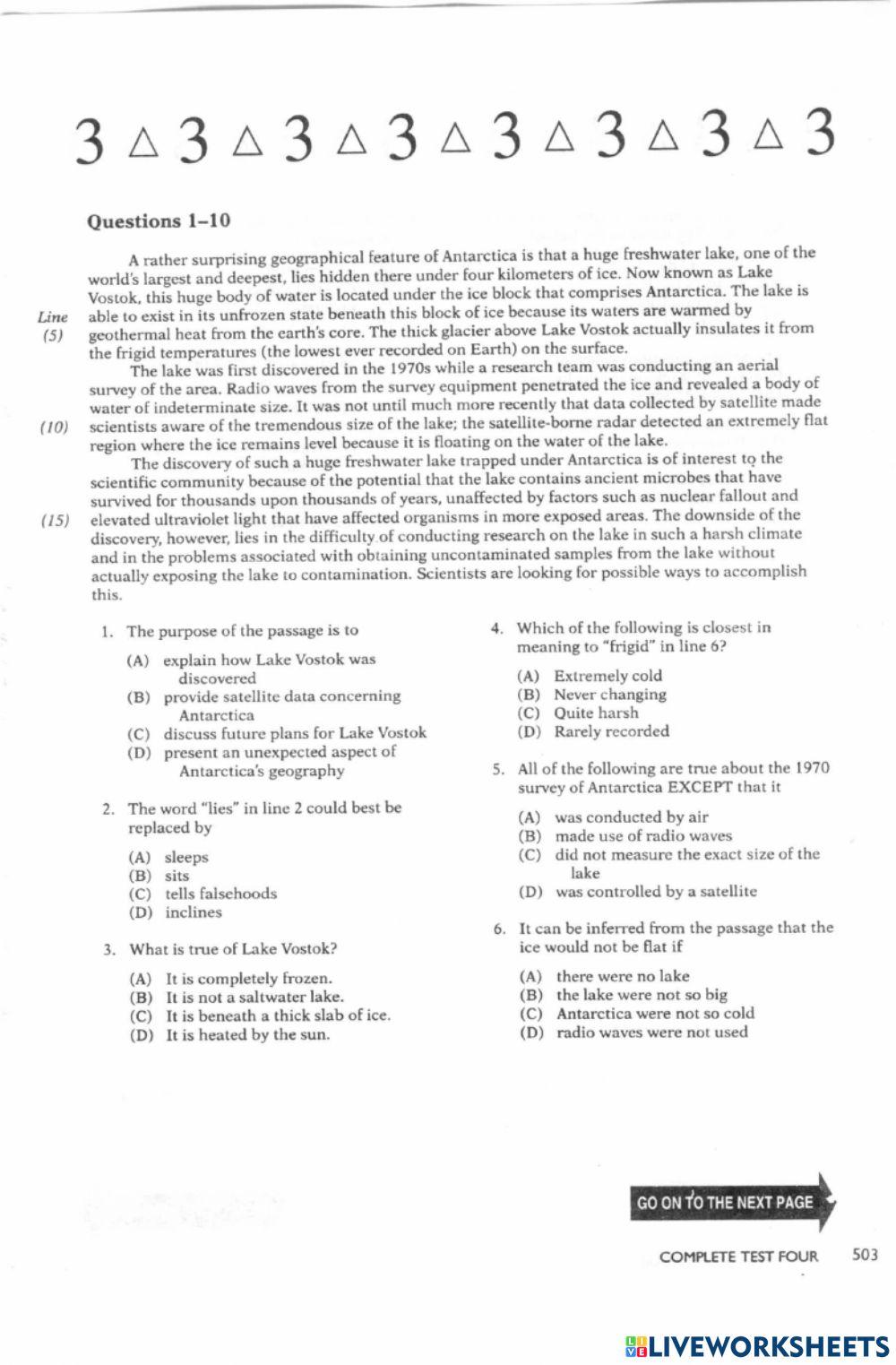 TOEFL-UNIT 3- READING SECTION online exercise for | Live Worksheets