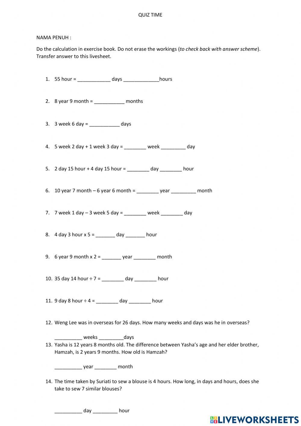Time Quiz worksheet | Live Worksheets