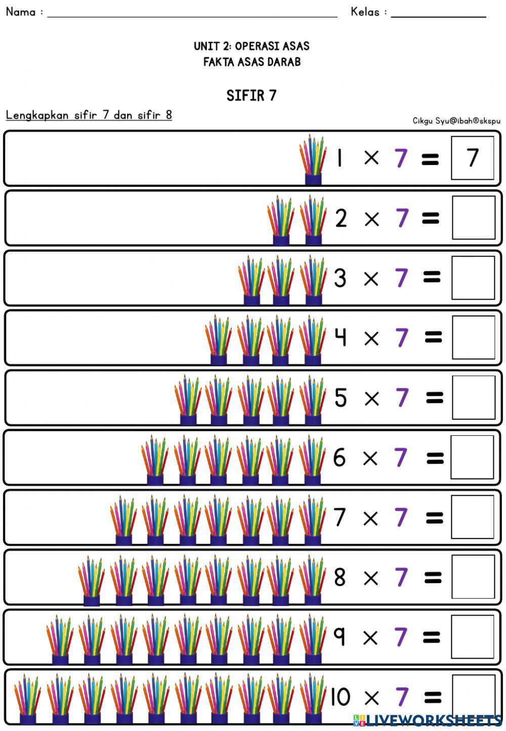 Tahun 2 - sifir 7 dan sifir 8 worksheet | Live Worksheets