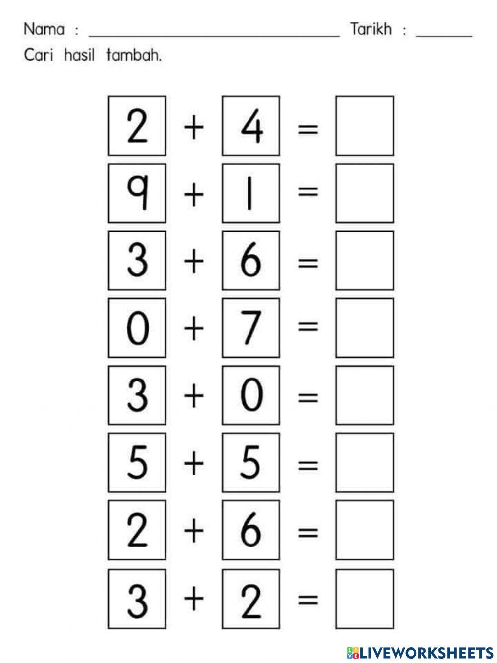 Hasil tambah | Live Worksheets