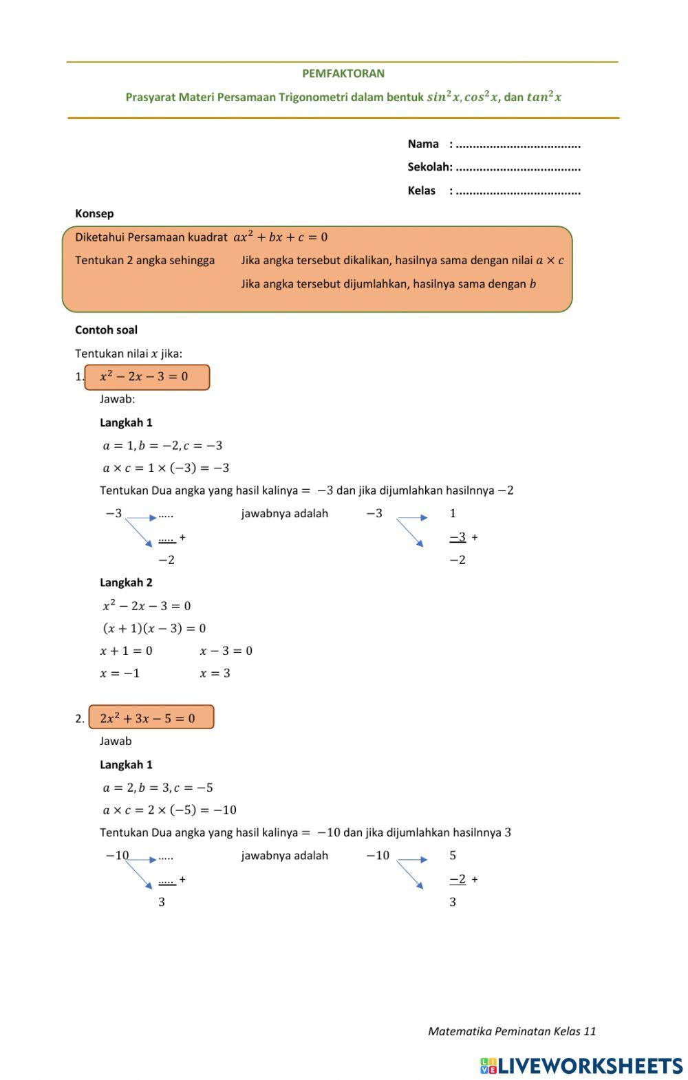 Pemfaktoran | Live Worksheets