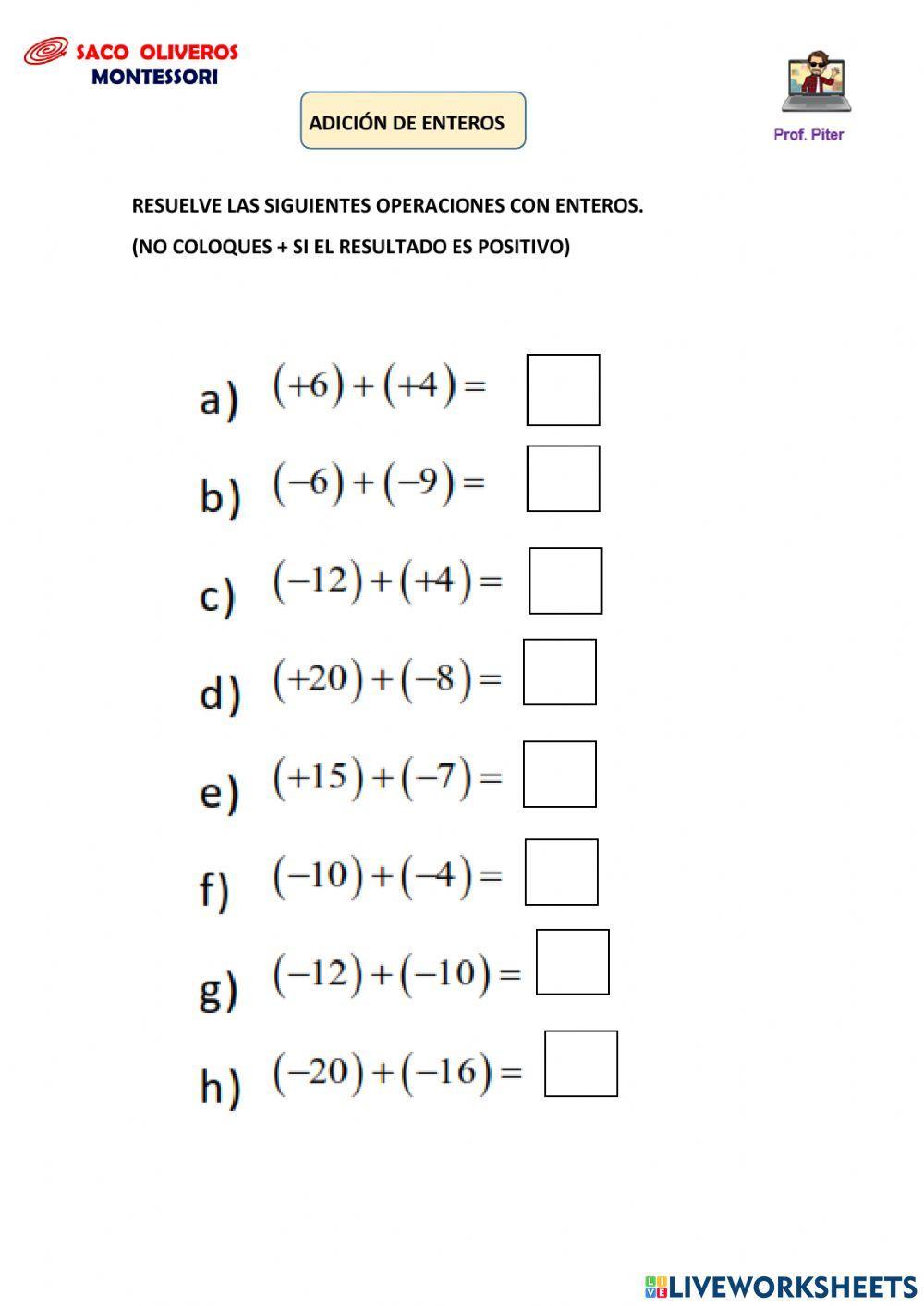 Adición de enteros activity | Live Worksheets