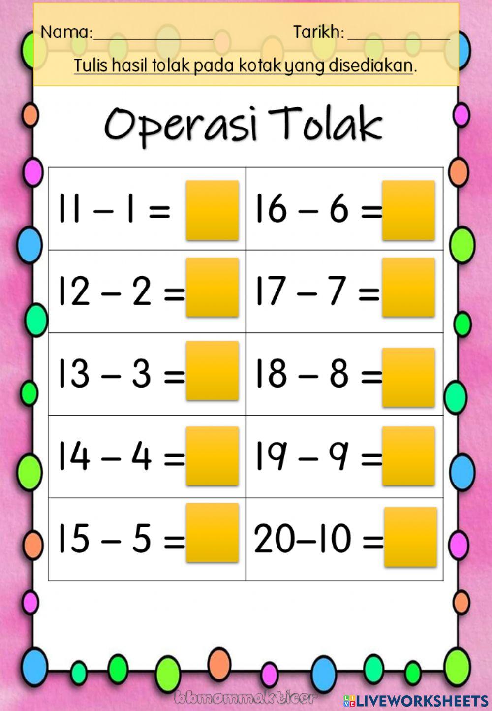 Operasi Tolak activity | Live Worksheets