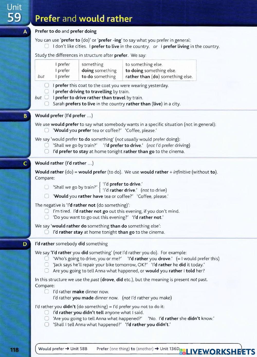 Prefer - would rather online exercise for | Live Worksheets