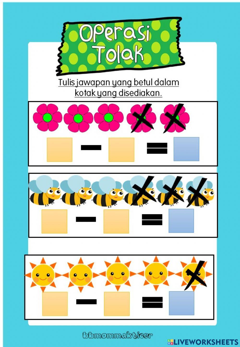 Operasi Tolak online worksheet | Live Worksheets