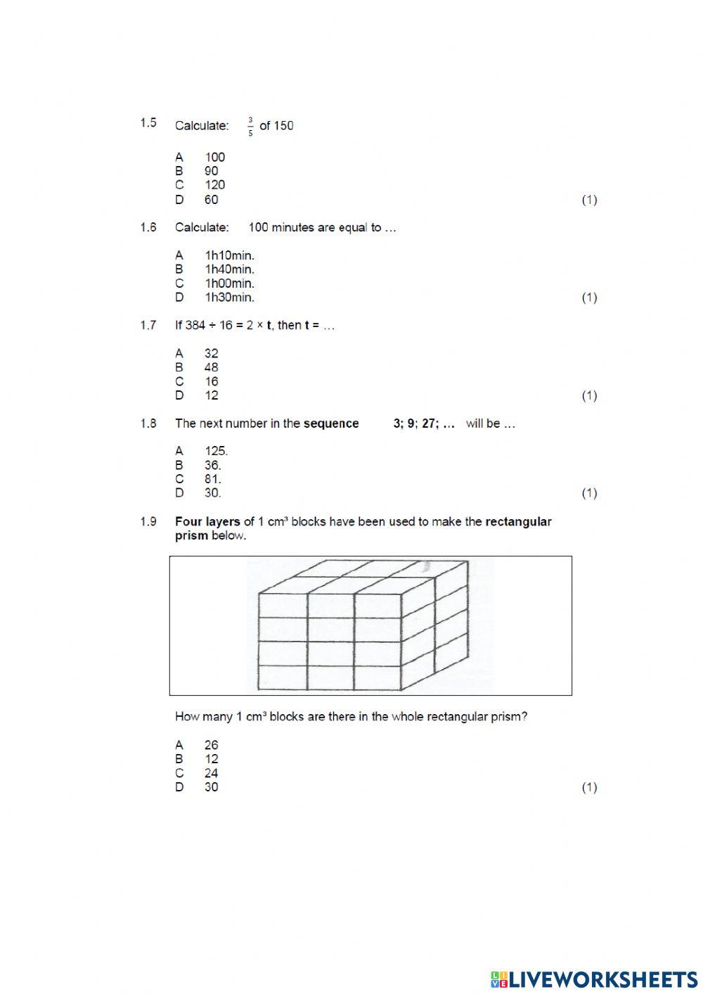 Math part 1 worksheet | Live Worksheets