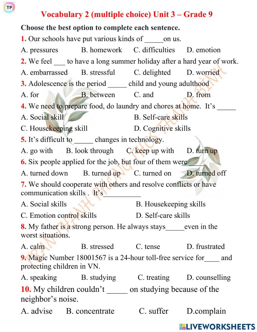 Vocabulary 2 (multiple choice) Unit 3 – Grade 9 1809