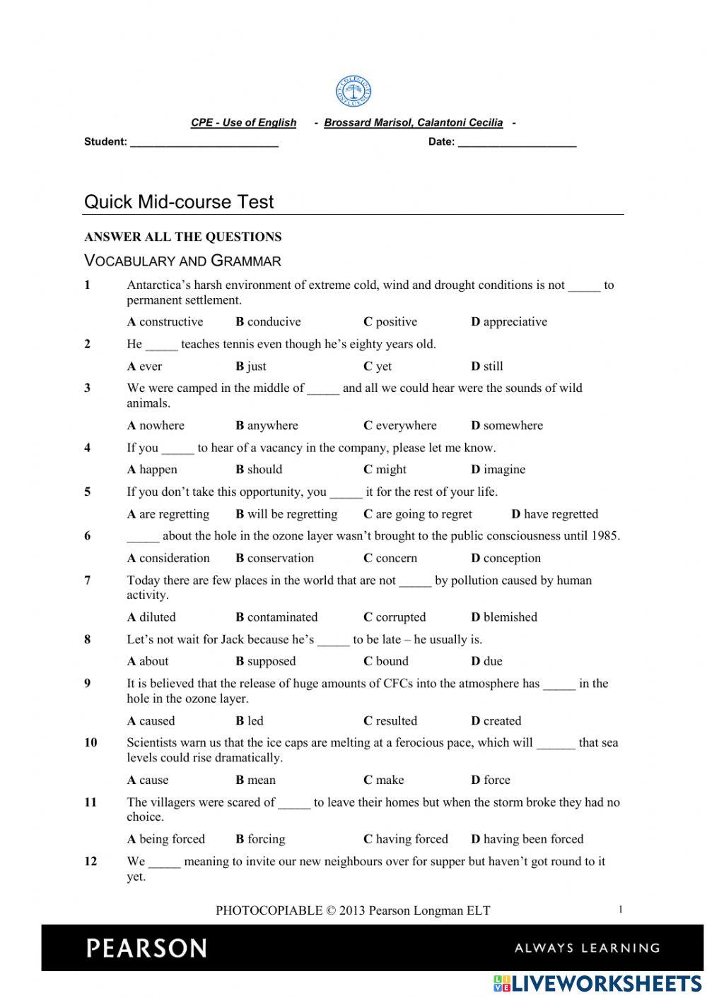 CPE MID-COURSE QUICK TEST (from Expert material) online exercise for ...