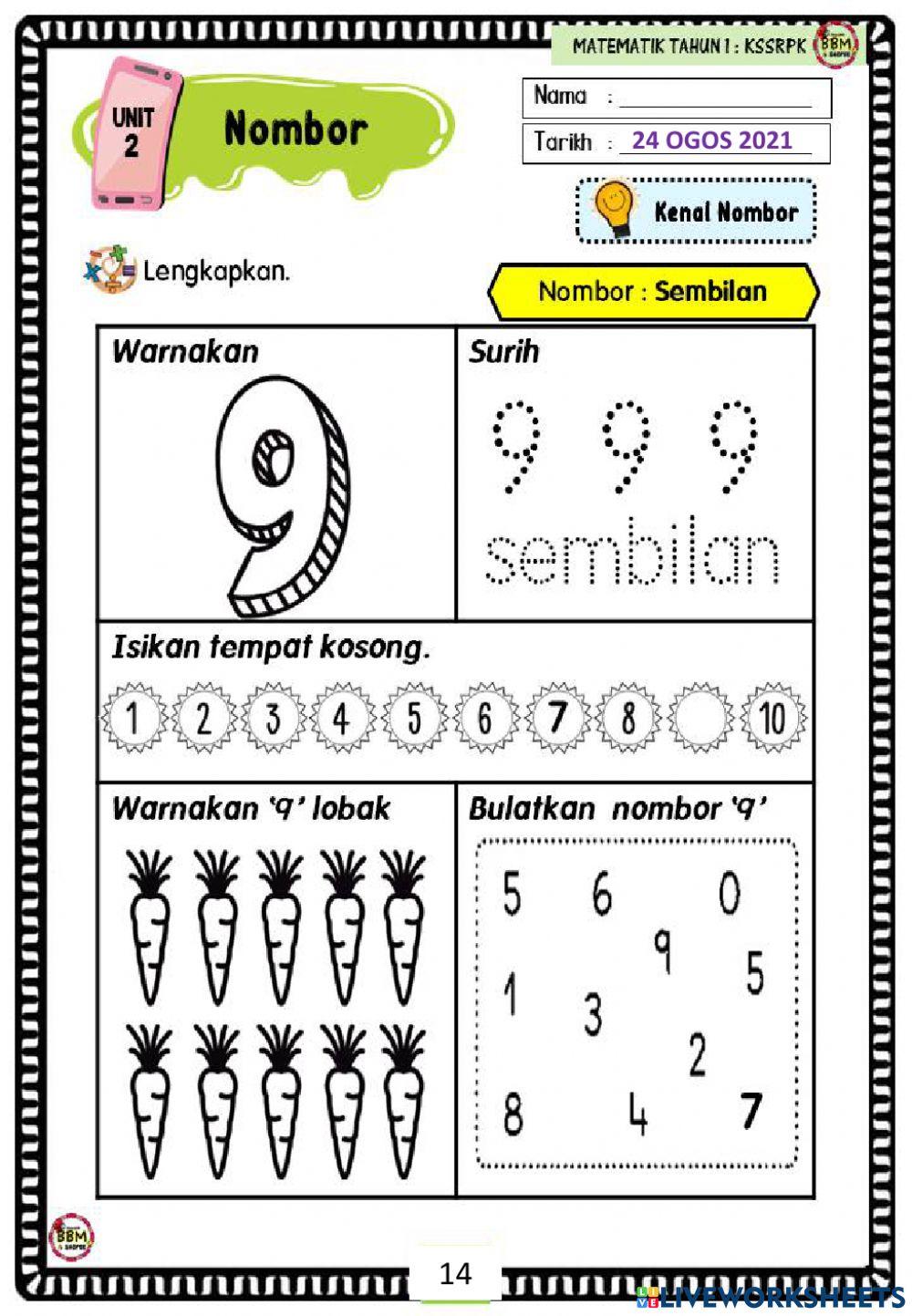 Nombor 9 &10 worksheet | Live Worksheets