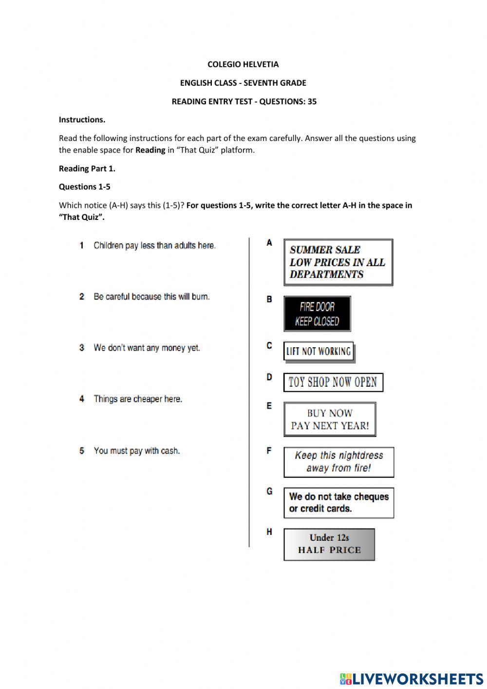7TH GRADE ENTRY TEST: READING worksheet | Live Worksheets