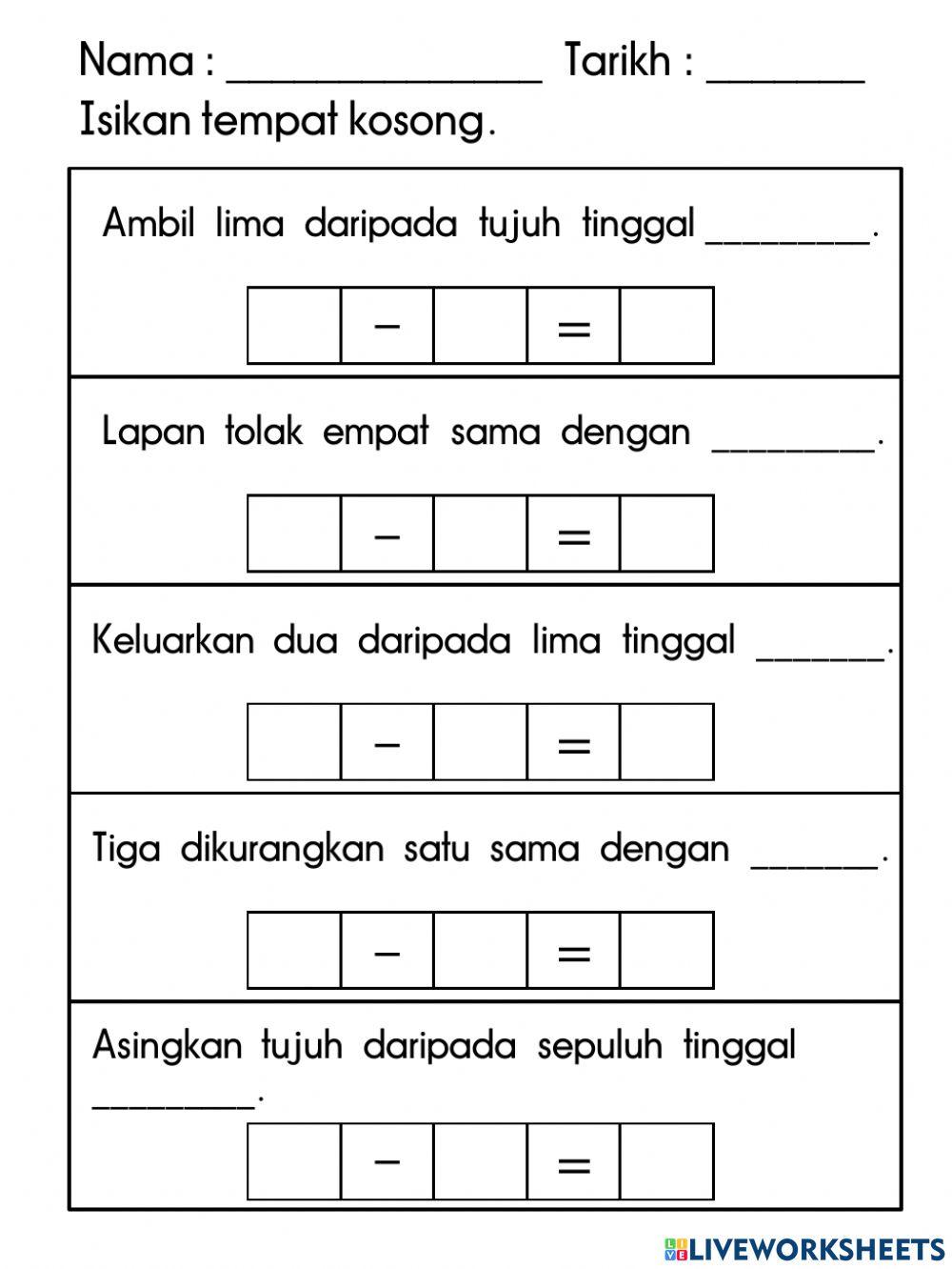 Operasi tolak online exercise for PRASEKOLAH | Live Worksheets