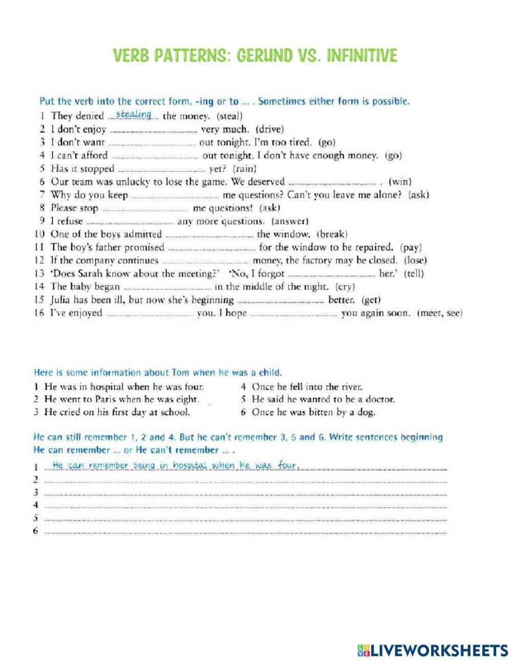 VERB PATTERNS CHANGE MEANING online exercise for | Live Worksheets